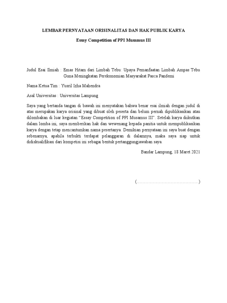 Lembar Pernyataan Orisinalitas Dan Hak Publik Karya Essay Competition ...