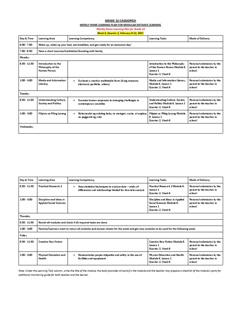 Sample Weekly Home Learning Plans - Q2W6 | PDF | Teachers | Scientific Method