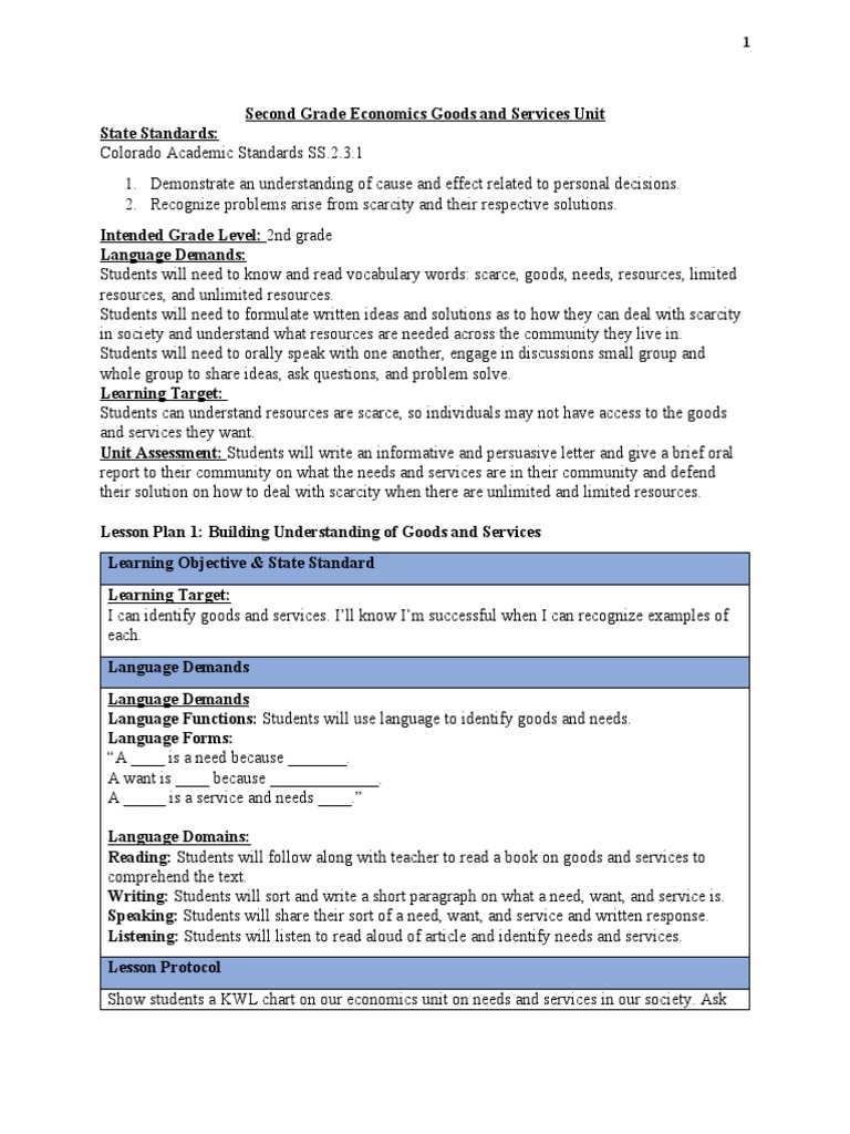 Second Grade Economics Goods and Services Unit | PDF | Applied ...