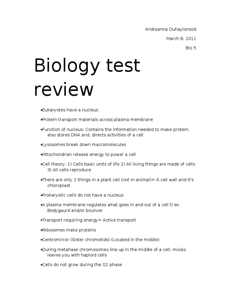 Biology Test Review Key Concepts | PDF | Wellness