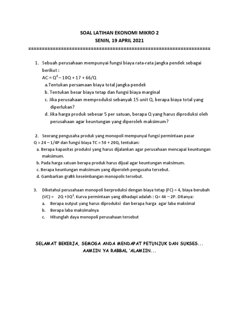Soal Latihan Ekonomi Mikro 2 | PDF