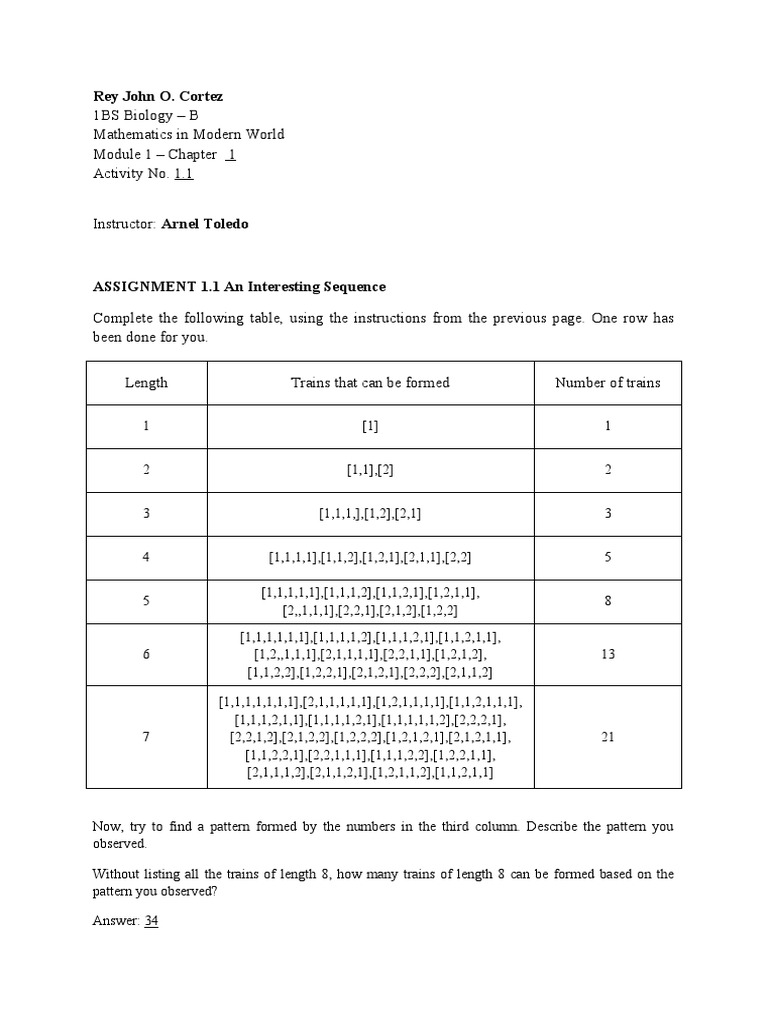 MMW Module 1-Chapter 1 - ASSIGNMENT Activity 1.1 Adn 1.2 | PDF | Numbers | Elementary Mathematics