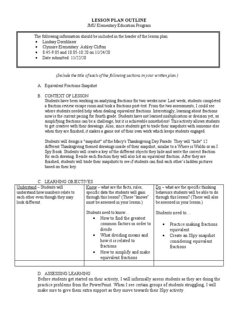 JMU Fraction Lesson Plan | PDF | Lesson Plan | Human Nature
