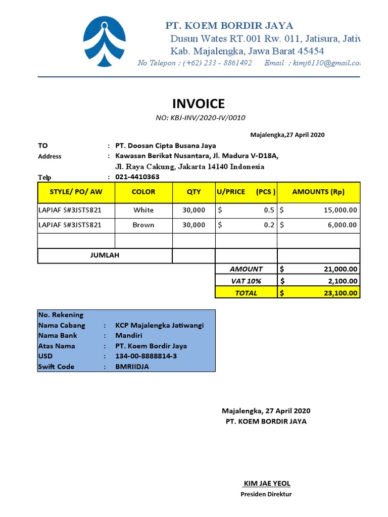 Invoice PT. Koem Bordir Jaya 2020 | PDF