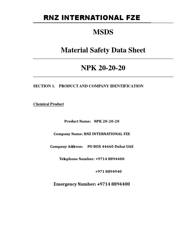 Msds Material Safety Data Sheet NPK 20-20-20: RNZ International Fze ...