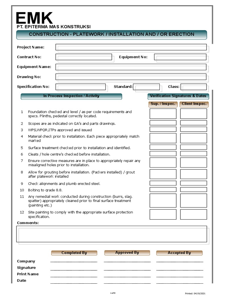 Quality Assurance (QA) Platework Form | PDF | Specification (Technical ...