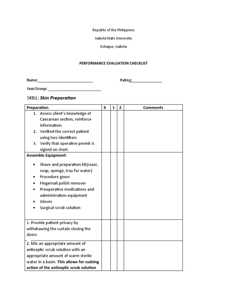 Skin Preparation Checklist | PDF | Surgery | Medical Specialties