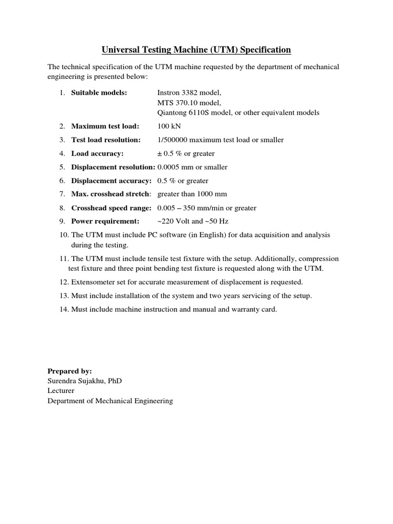 Universal Testing Machine (UTM) Specification: Prepared by | PDF