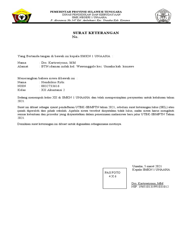 Surat Keterangan Kelas 12 untuk UTBK 2025 | PDF