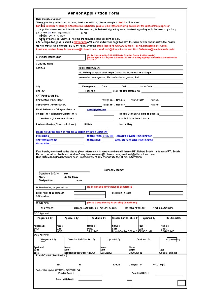 Vendor Application Form: (Please Click For A Sample Format) | PDF ...