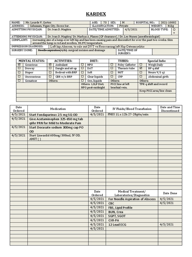 Kardex: Mental Status: Activities: Diet: Tubes: Special Info | PDF ...