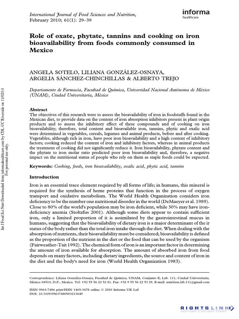 Role of Oxate, Phytate, Tannins and Cooking On Iron Bioavailability ...