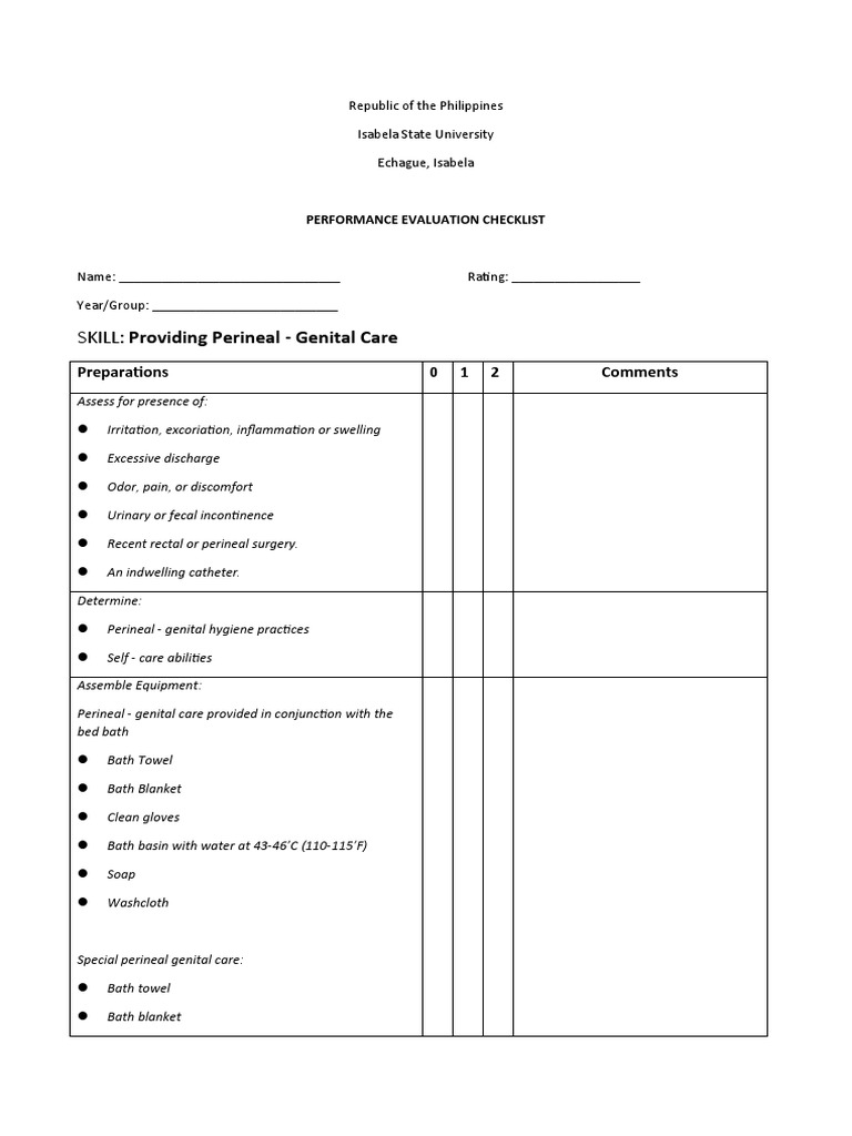 SKILL: Providing Perineal - Genital Care: Preparations 0 1 2 Comments ...