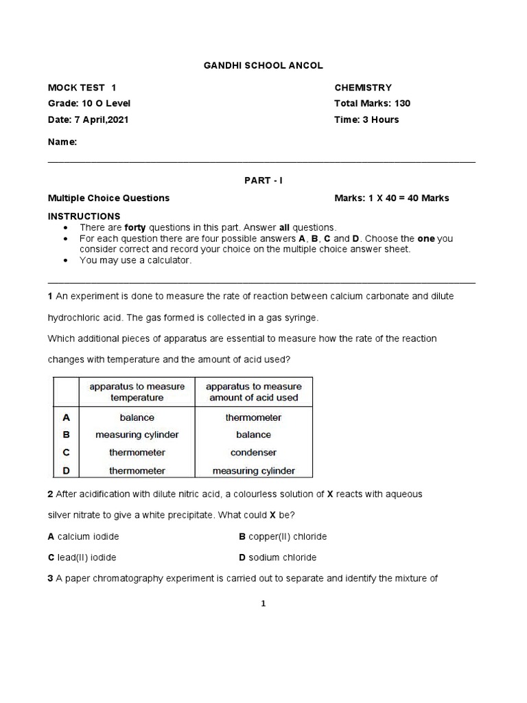 Grade 10 O Level Chemistry - Mock Test 1 (7-04-2021) | Ion | Chlorine