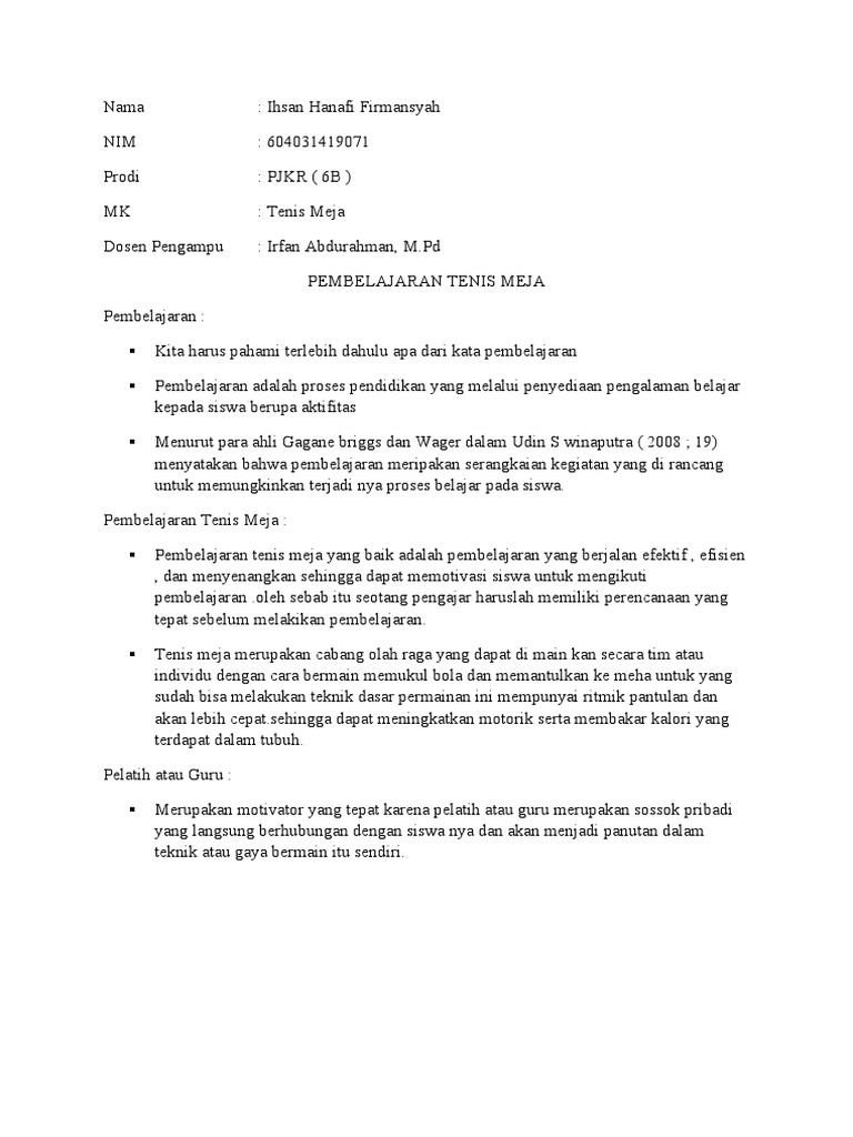 Resume Pembelajaran Tenis Meja | PDF