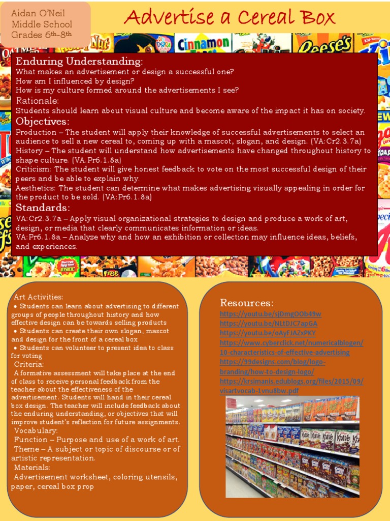 Visual Culture Cereal Box One Page Lesson | PDF | Advertising ...