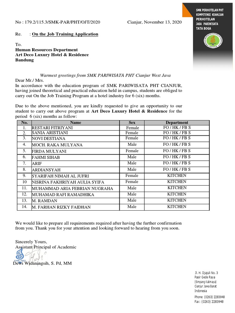 On the Job Training Request for Students | PDF | Hotel And Accommodation