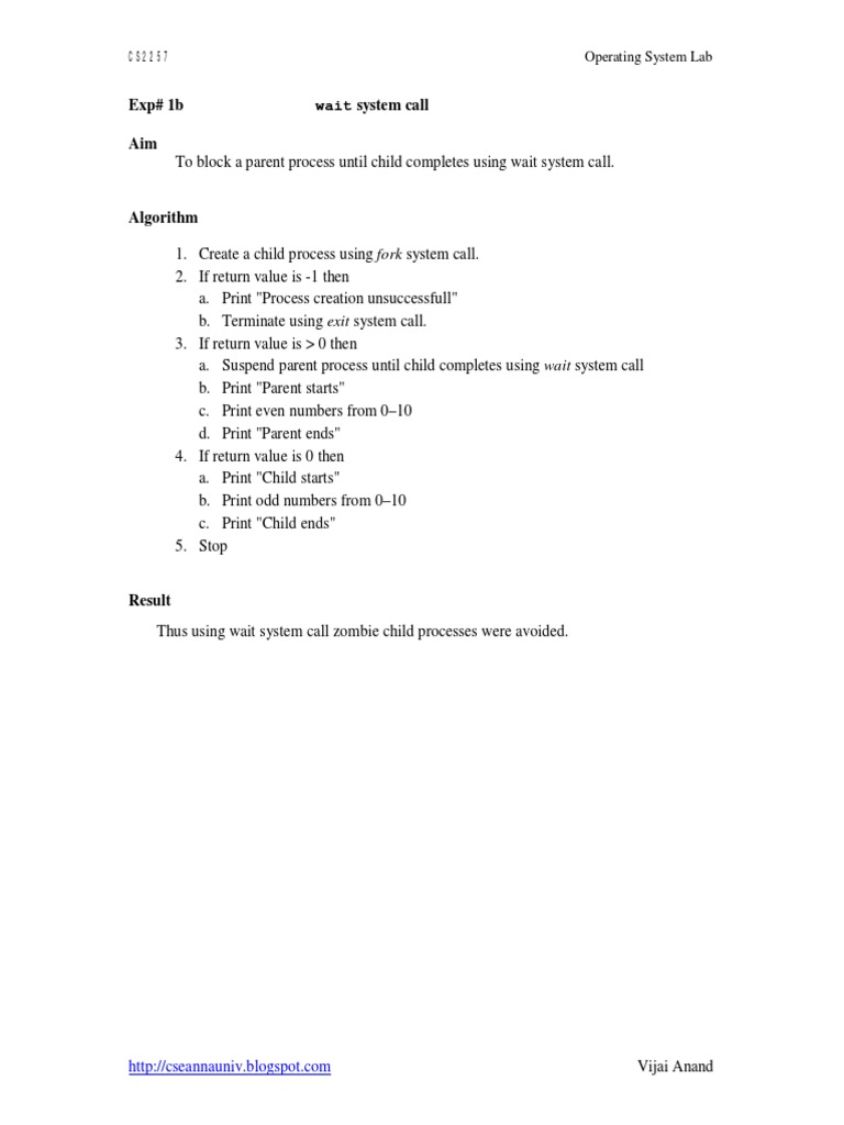 Exp# 1b Wait System Call Aim: CS2257 Operating System Lab | PDF