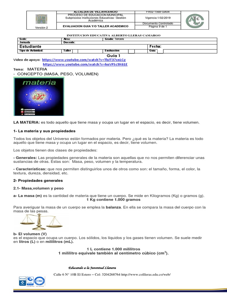 Ciencias Guia 1 CONCEPTUALIZACION PESO MASA | PDF | Volumen | Importar