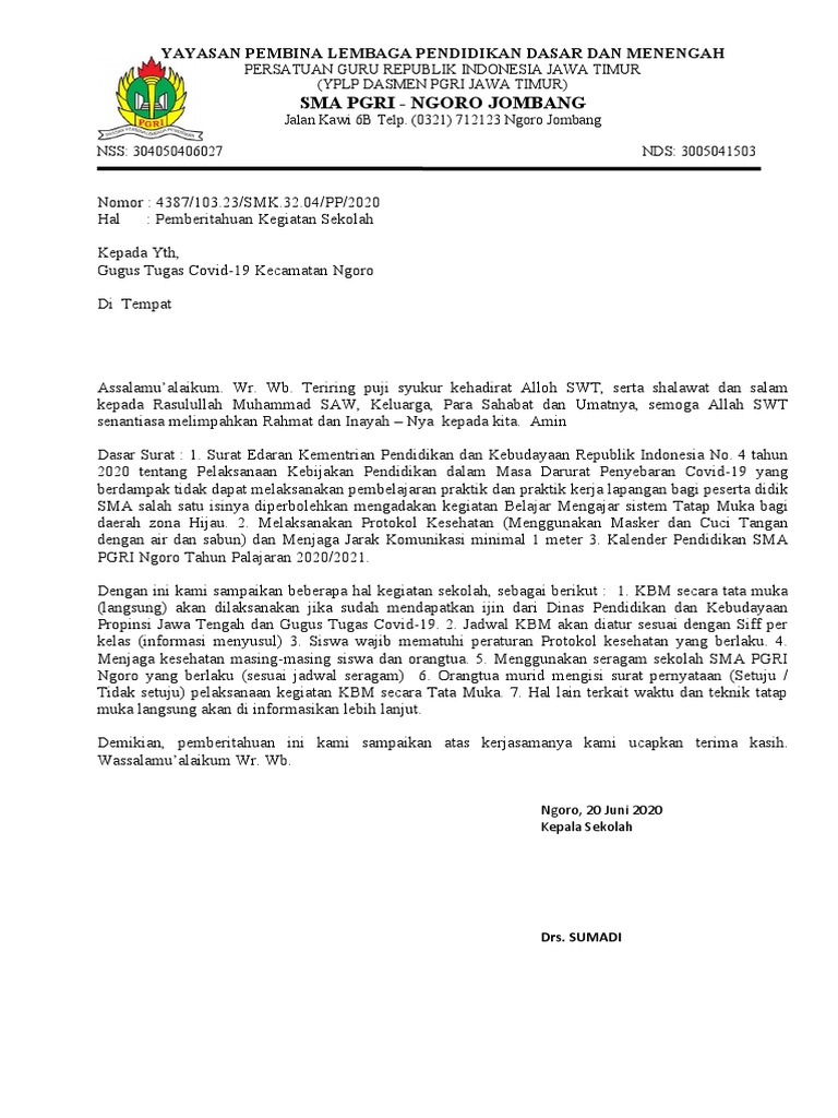 Pemberitahuan Kegiatan KBM Tatap Muka | PDF