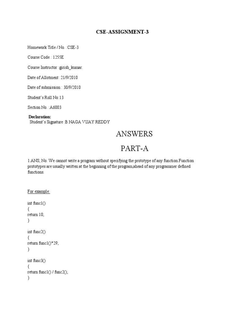 CSE Assignment 3: C Programming Concepts | PDF | Subroutine | Computer ...