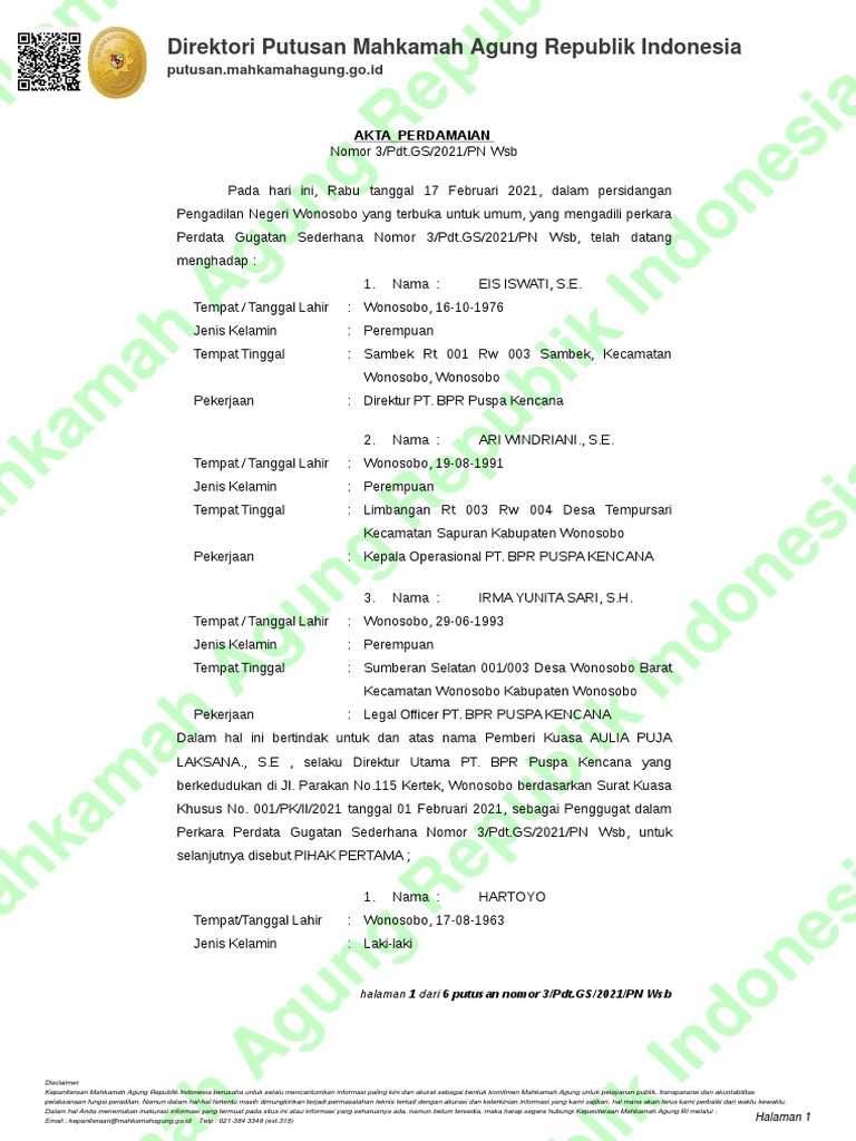 Akta Perdamaian Perkara Wonosobo | PDF