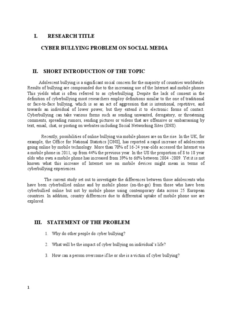I. Research Title Cyber Bullying Problem On Social Media: Iii ...