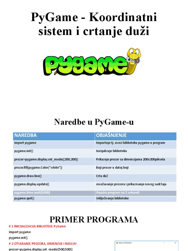 Pygame Koordinatni Sistem I Crtanje Duzi | PDF