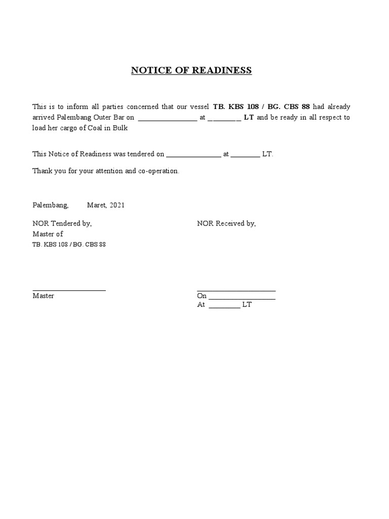 Notice of Readiness - Copy