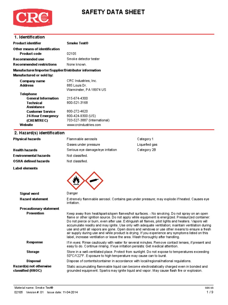 CRC Smoke Test SDS | PDF | Dangerous Goods | Firefighting