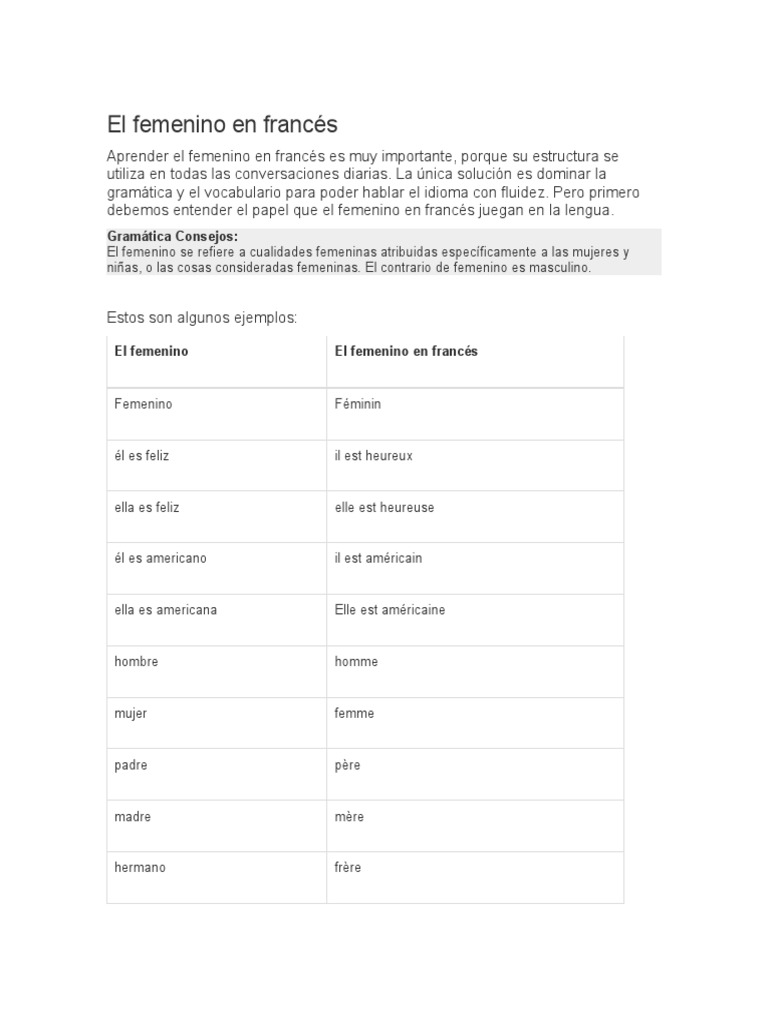 El Femenino en Francés | PDF | Idioma francés | Lingüística