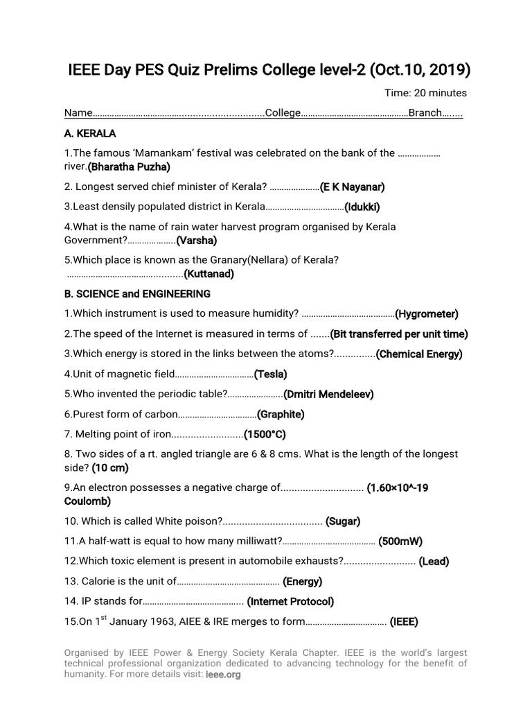 Answer Key IEEE Day PES Quiz 10 OCT 2019 | PDF