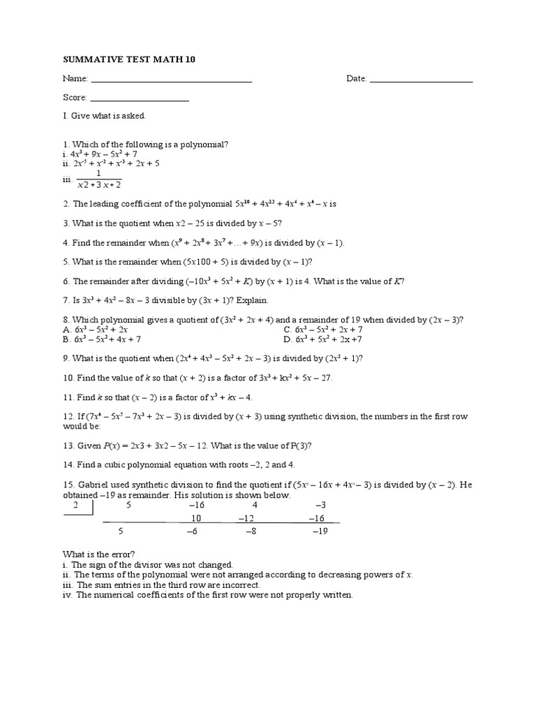 Summative Test Math 10 | PDF