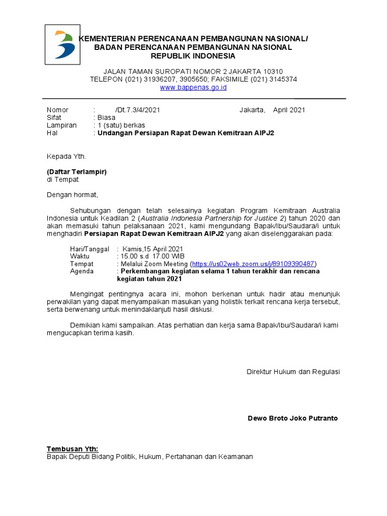 Undangan Persiapan Rapat Dewan Kemitraan AIPJ2 15 April 2021 | PDF