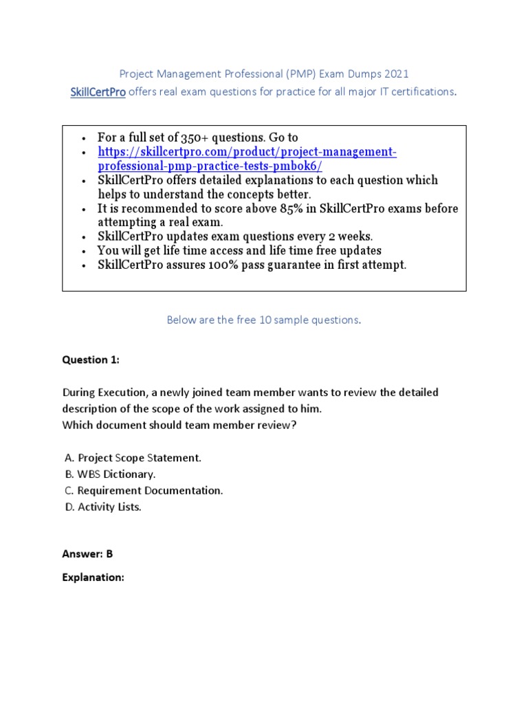 Project Management Professional (PMP) Exam Dumps 2021 | PDF | Project ...