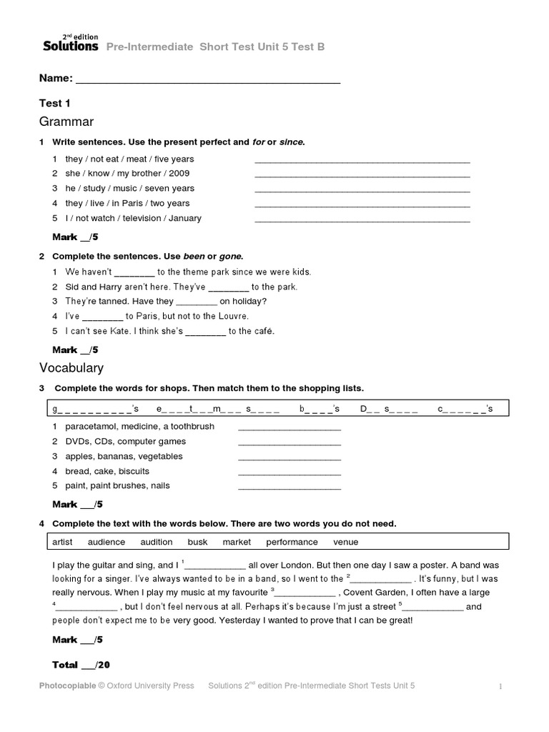 Solutions2e Short Tests Un05 B | PDF | Language Arts & Discipline ...