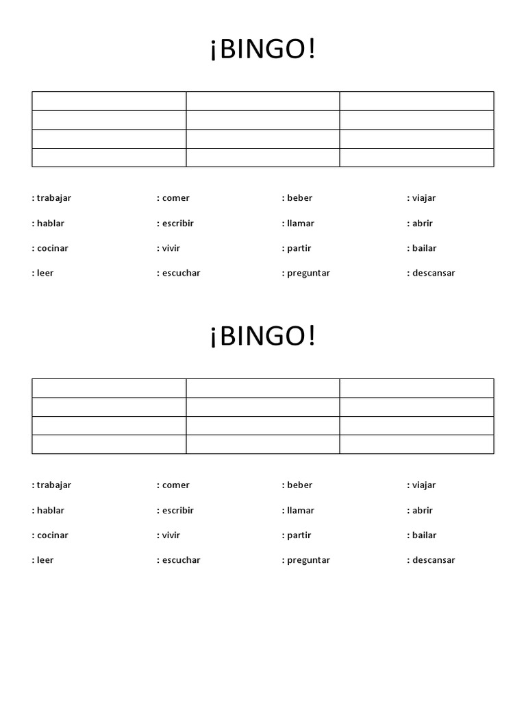 Bingo de Verbos en Español | PDF
