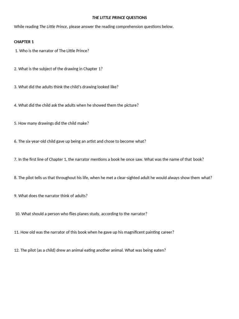 Chapters 1-7 The Little Prince - Comprehension | PDF | The Little Prince