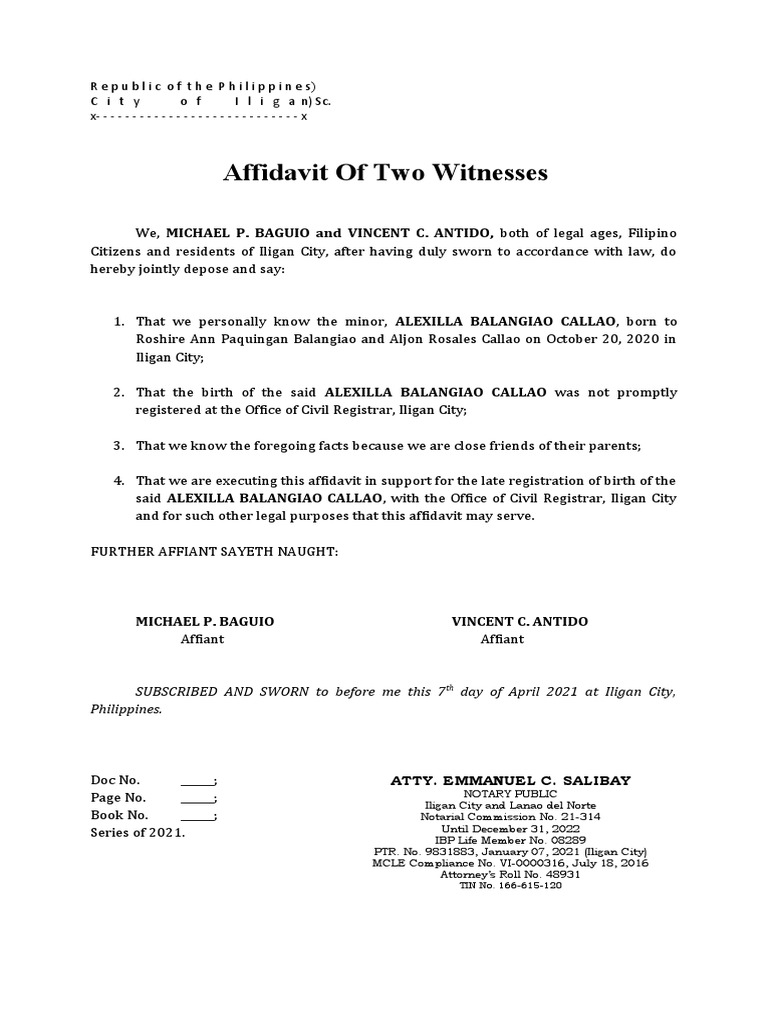 Affidavit of Two Witnesses | PDF