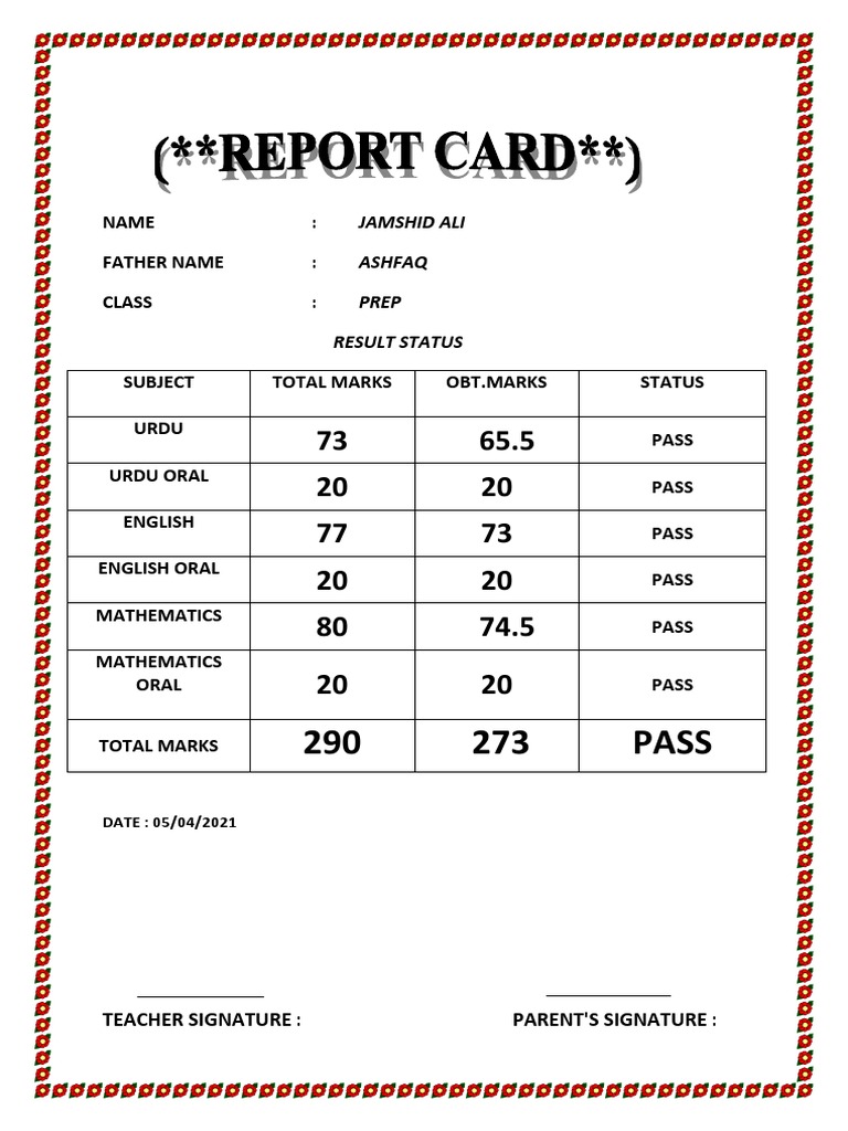 Prep Class Result Card Sample | PDF