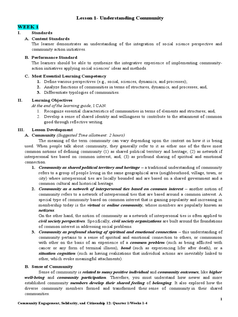 Lesson 1-Understanding Community Week 1: at The End of The Learning ...