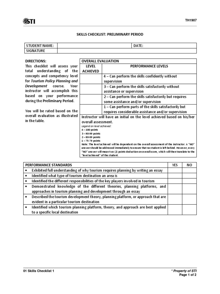 Skills Checklist: Preliminary Period: Development | PDF | Evaluation ...