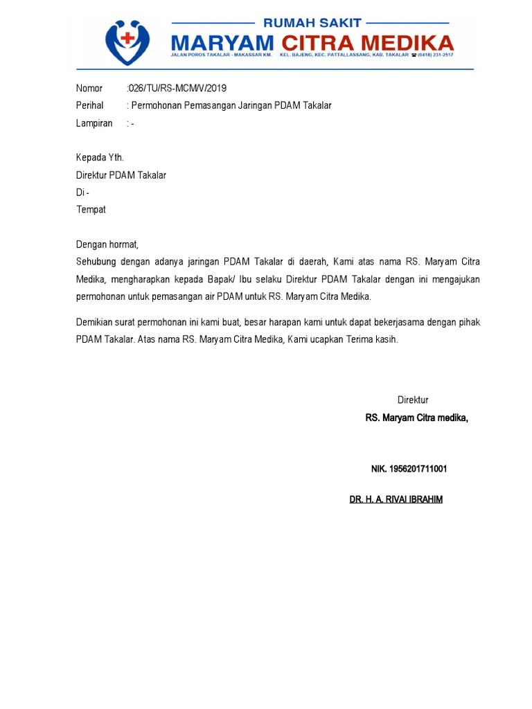 Surat Permohonan Pemasangan Jaringan PDAM Takalar | PDF