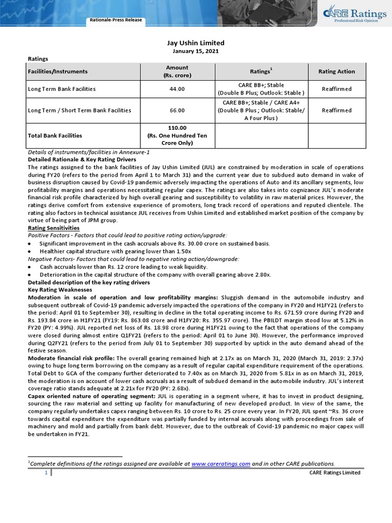 Jay Ushin Ltd. Credit Rating Update | PDF | Credit Rating Agency ...