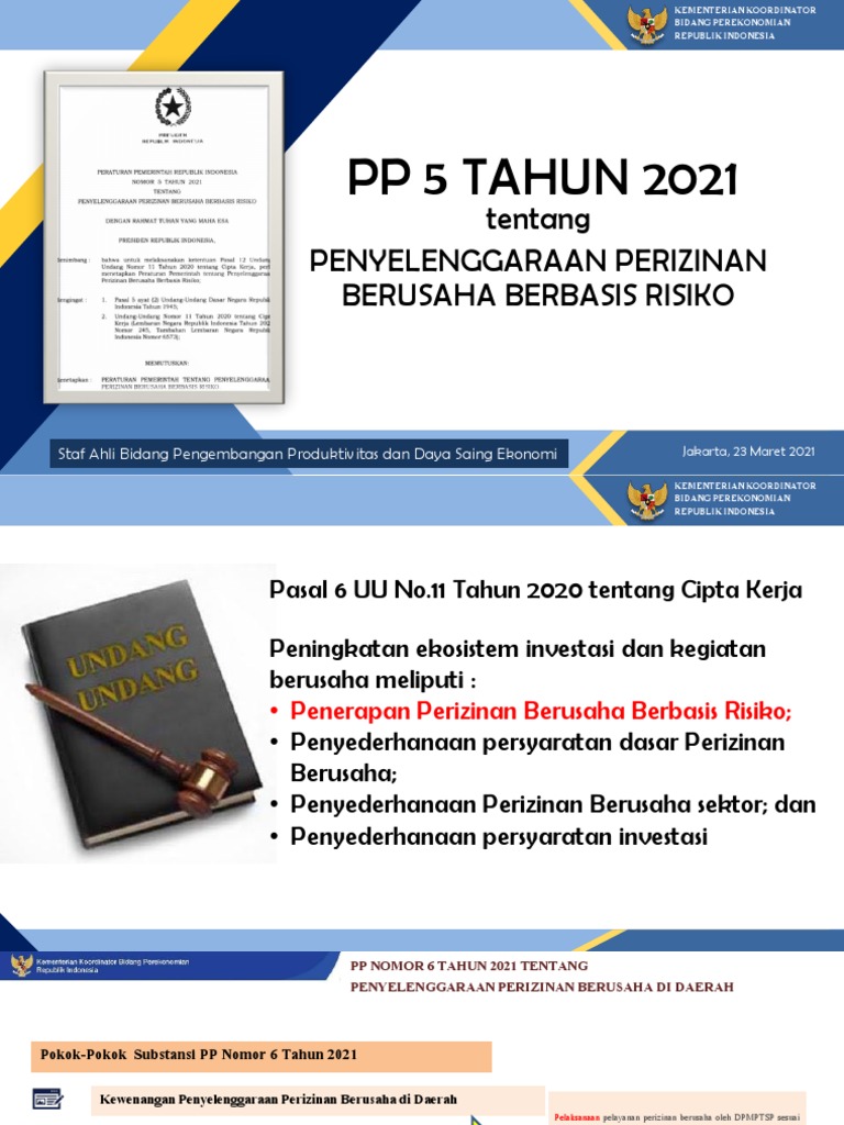 BAHAN SOSIALISASI PP 5 Tahun 2021 KEBIJAKAN PERIZINAN BERUSAHA | PDF | Pengelolaan Keuangan & Uang
