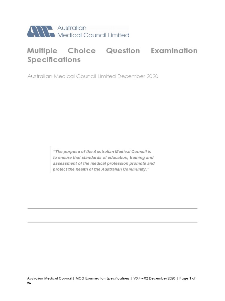 Multiple Choice Question Examination Specifications: Australian Medical ...