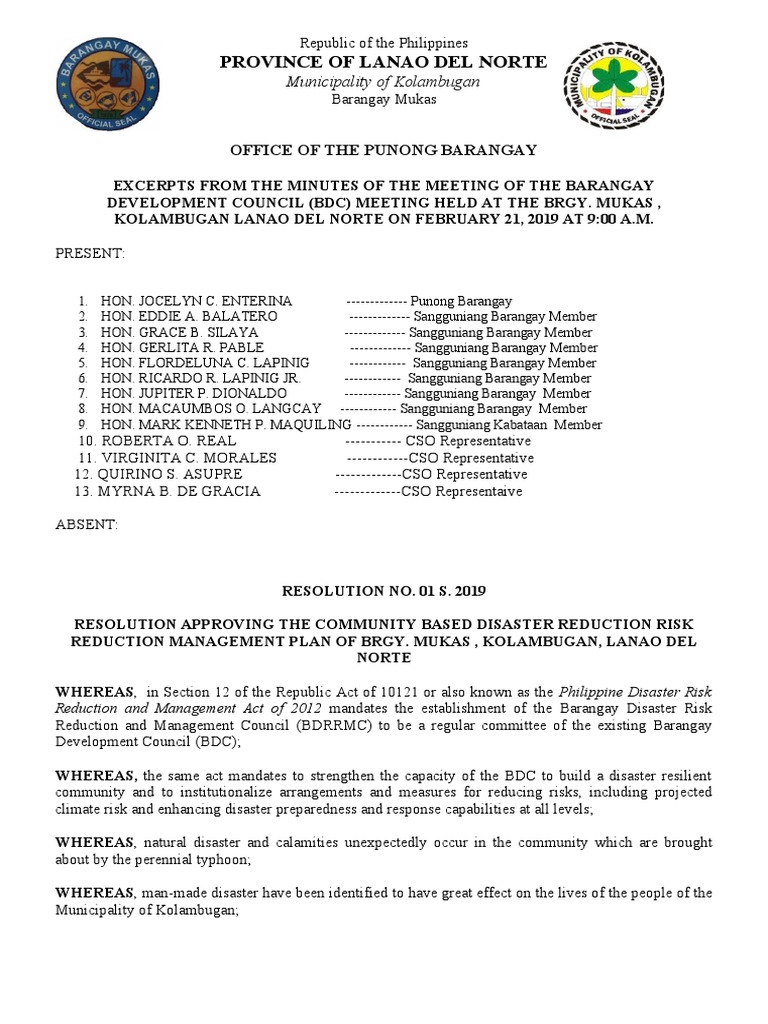 Barangay Plan Resolution Template | PDF | Safety | Risk Management