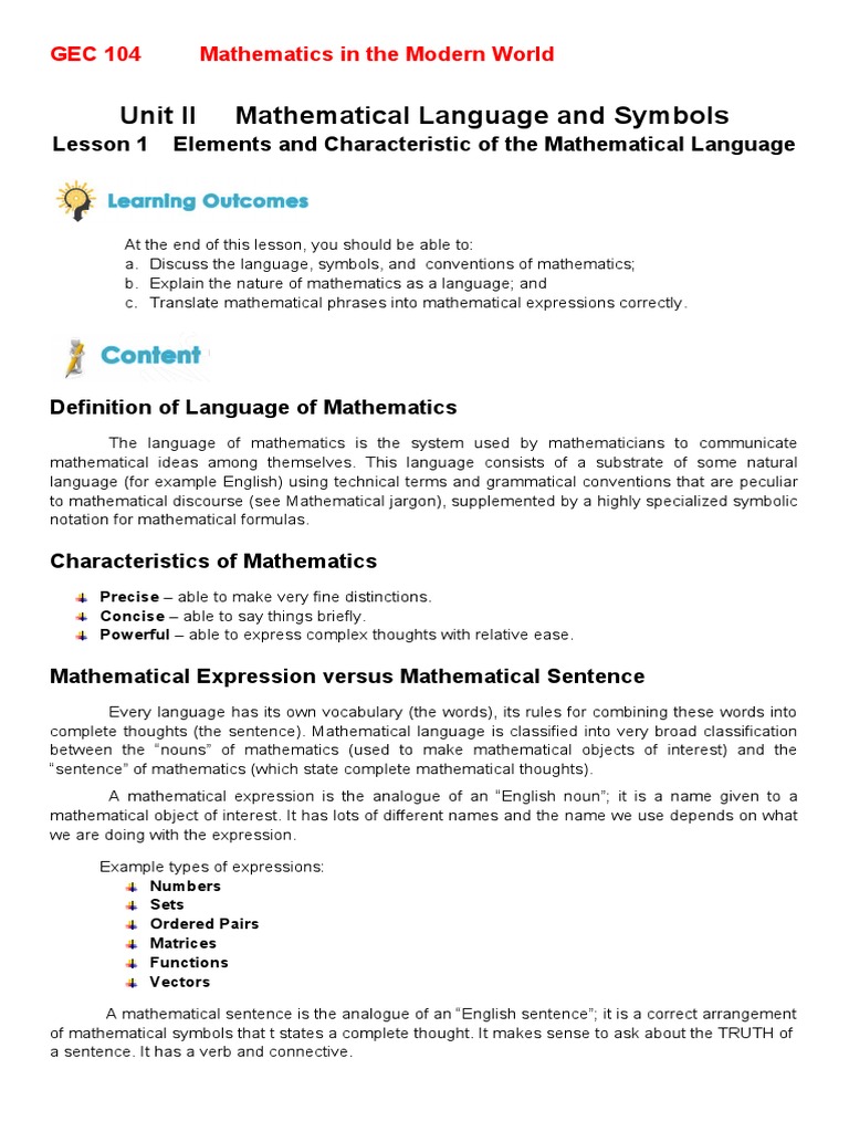 GEC 104 Week 3 - Elements and Characteristic of The Mathematical ...