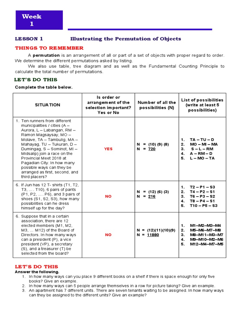 Math 10 Module Q3 Wk 1 Pdf Permutation Teaching Mathematics
