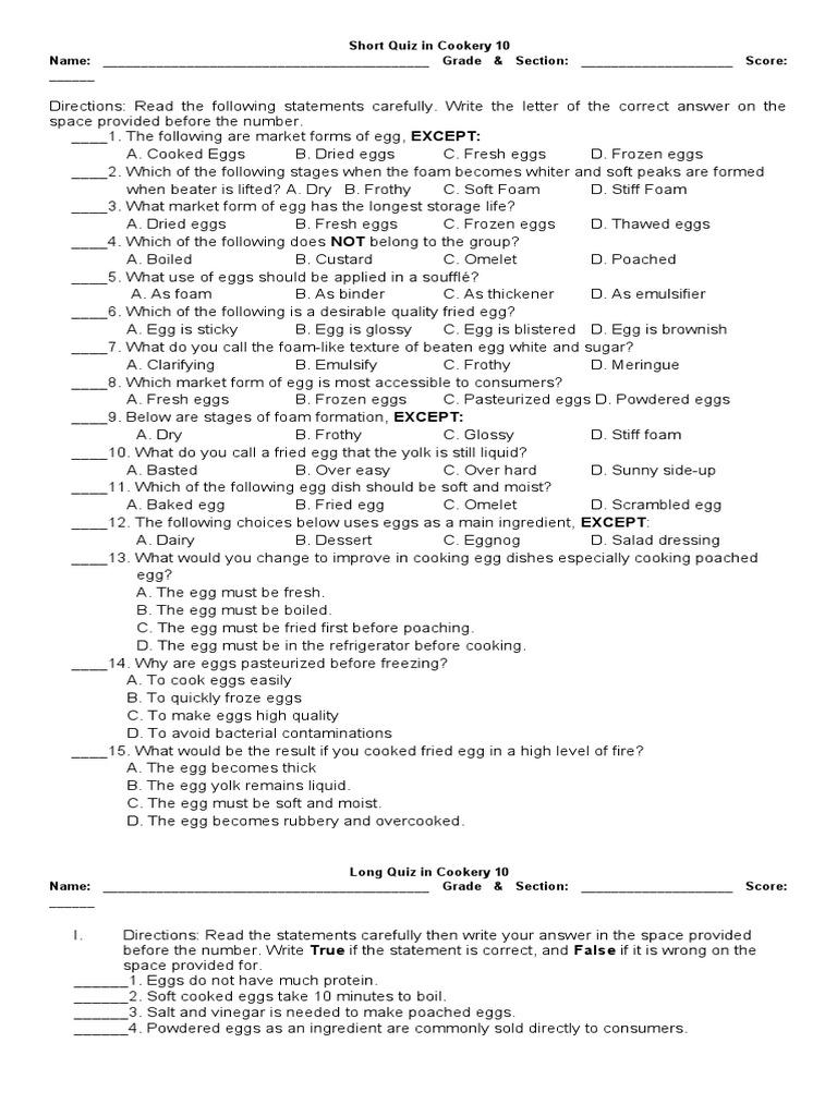 Cookery 10 2nd Short Long Quiz SY 2020 2021 | PDF | Egg As Food | Cooking
